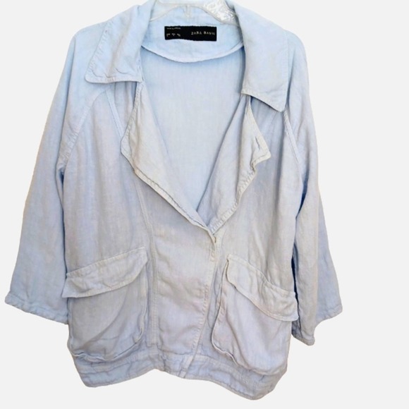Zara | Jackets & Coats | Zara Linen Jacket Sz S Light Baby Blue Flowy ...